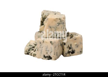 Blue cheese cubes isolated on white background, full depth of field ...