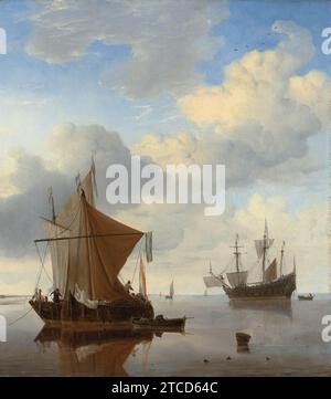 Willem van de Velde - A kaag and a hoeker lying at the end of a pier ...
