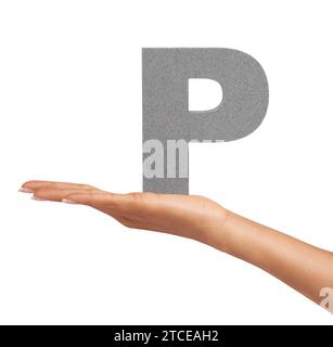 Hand of woman, font letter H and presentation of consonant isolated on ...