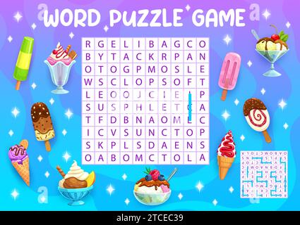 Ice cream desserts, word search puzzle game worksheet, vector kids quiz ...