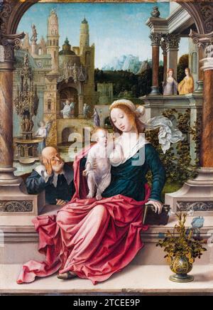 This 16th-century painting of the Holy Family features the Virgin Mary, Saint Joseph, and the ...