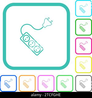 Socket plug and cable solid vivid colored flat icons in curved borders ...