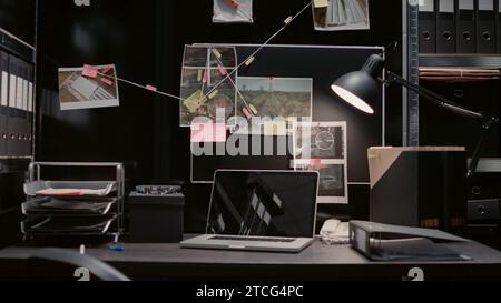 Empty incident room filled with clues and case files, evidence map with ...
