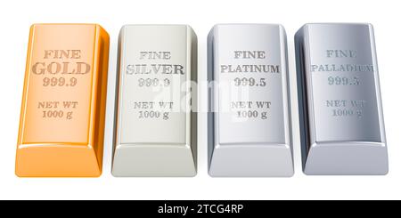 Gold and silver ingots isolated on white background. 3D illustration ...