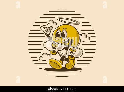 Ball head mascot character walking with happy face, drawing in vintage ...