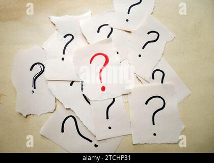 Torn paper showing question mark symbol on yellow background with copy ...