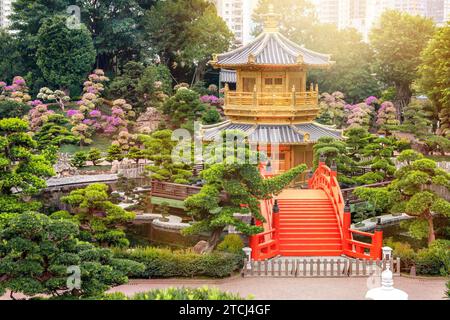 The oriental gold pavilion of absolute perfection and bonsai tree in ...