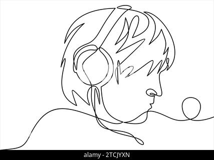 Profile portrait of man in headphones - continuous one line drawing ...