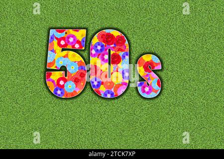 Graphic Fifties, 50s, 1950s, with colorful flowers written on a green ...