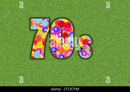 The Seventies, 1970s, 70s, written with colorful flowers on a green ...