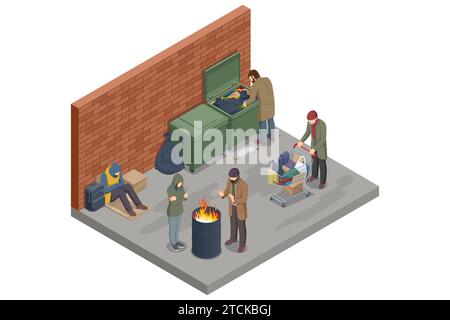 Beggar Homeless Man Living in Garbage Can , Vector Cartoon Stick Figure ...