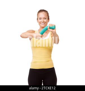 Happy woman, portrait and bend grip in workout for arm exercise ...