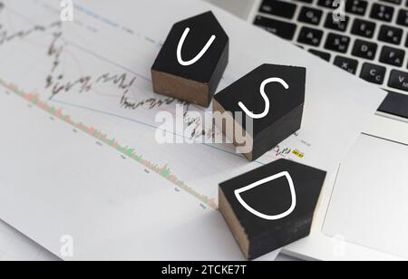 Calculator, money banknotes and square letters with text USD Stock ...