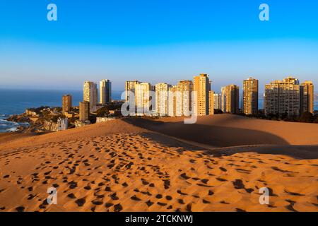 View of buildings in Concon from the sand dunes, Valparaiso Region ...