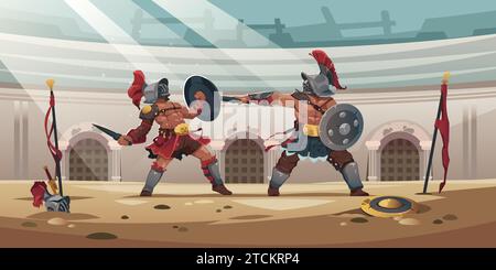 Ancient roman gladiators. People in armor. Warriors with different weapons. Helmets and shields ...