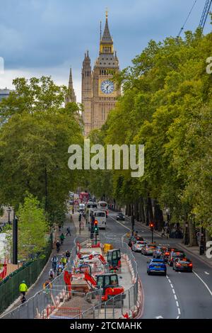 Road works and traffic on the Thames embankment looking towards the ...