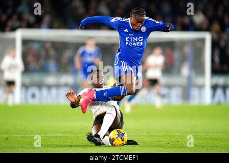 Millwall's Wes Harding (right) tackles Leicester City's Abdul Fatawu ...