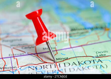 Minot, North Dakota pin on map Stock Photo - Alamy