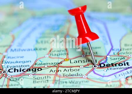 Detroit, Michigan pin on map Stock Photo - Alamy