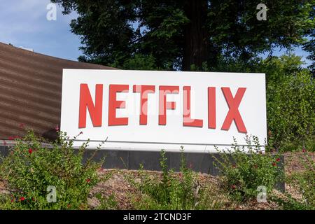 Netflix sign at Netflix Inc. headquarters in Los Gatos, California, USA ...