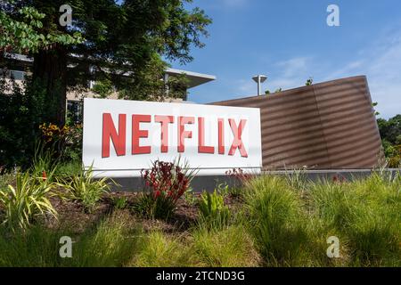 Netflix sign at Netflix Inc. headquarters in Los Gatos, California, USA ...