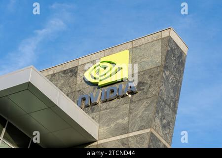 Close up of Nvidia sign on the building at its headquarters in Santa ...