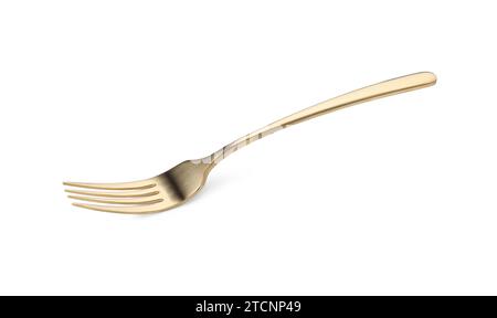 One shiny golden fork isolated on white, top view Stock Photo - Alamy