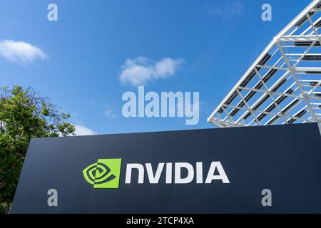 Close up of Nvidia sign its headquarters in Santa Clara, California ...