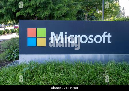Microsoft ground sign at its headquarters in Redmond, Washington, USA ...