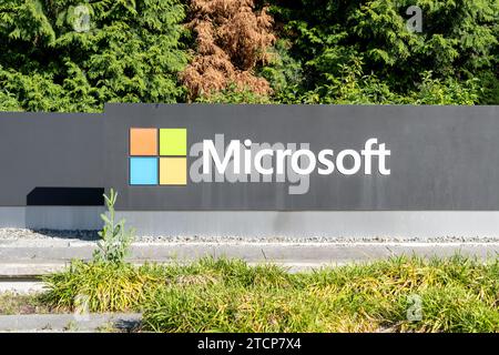 Microsoft ground sign at its headquarters in Redmond, Washington, USA ...
