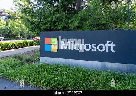 Microsoft ground sign at its headquarters in Redmond, Washington, USA ...