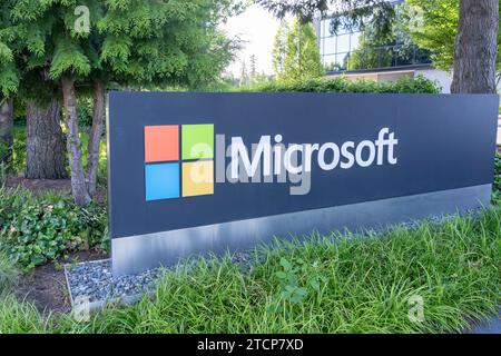 Microsoft ground sign at its headquarters in Redmond, Washington, USA ...