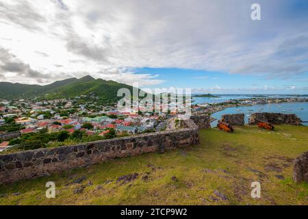 Aerial view of historic downtown Marigot from Fort St. Louis, French ...