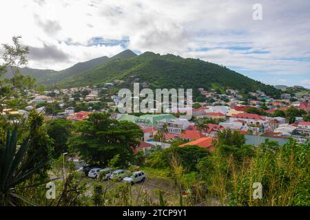 Aerial view of historic downtown Marigot from Fort St. Louis, French ...