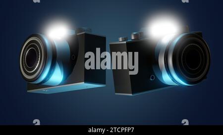 3D rendering of two flashing cameras are floating in a black background ...