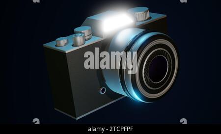 3D rendering of two flashing cameras are floating in a black background ...