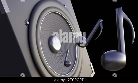 a 3D rendered image of music notes coming out of a speaker. Some of the ...