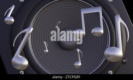 a 3D rendered image of music notes coming out of a speaker. Some of the ...