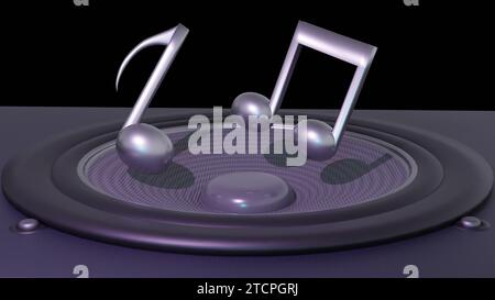 a 3D rendered image of music notes coming out of a speaker. Some of the ...