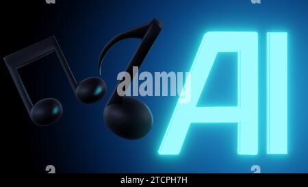 A 3D rendering of glowing AI symbols intertwined with musical notes ...