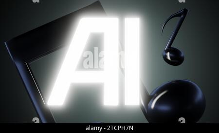 A 3D rendering of glowing AI symbols intertwined with musical notes ...