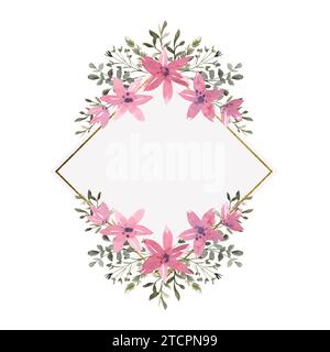 Watercolor floral frame in diamond shape with compositions of pink ...