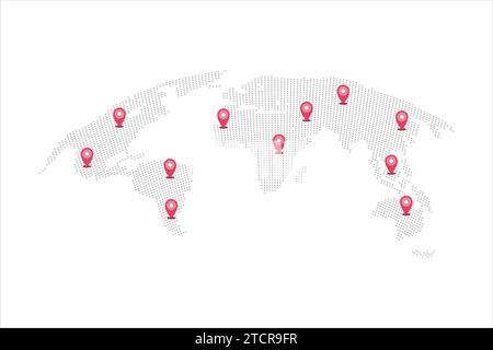 Dotted globe world map with pins pointers vector illustration Stock ...