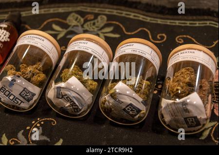 A Cannabis stall openly selling small bottles of various traditional ...