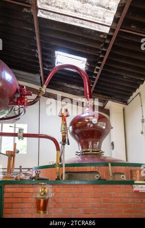Double distillation process of cognac spirit in Charentias copper still ...