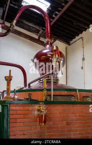 Double distillation process of cognac spirit in Charentias copper still ...
