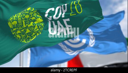 Dubai, UAE, Nov. 30 2023: Close-up of COP28 flag waving. 3d ...