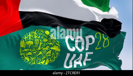 Dubai, UAE, Nov. 30 2023: Close-up of COP28 flag waving. 3d ...