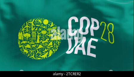 Dubai, UAE, Nov. 30 2023: Flags of COP28, UNFCCC and UAE waving on a ...