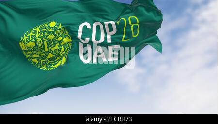 Dubai, UAE, Nov. 30 2023: Close-up of COP28 flag waving. 3d ...